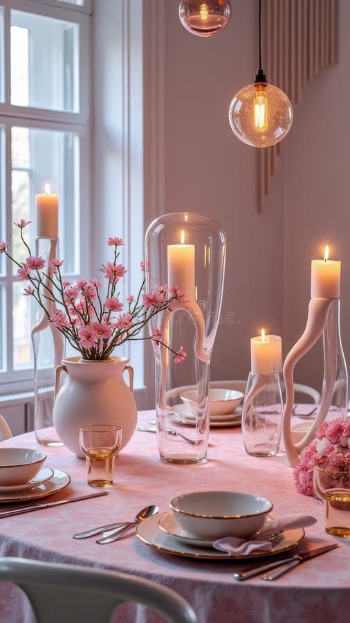 Elegant Pink Table Setting with Candles and Floral Arrangements for a ...