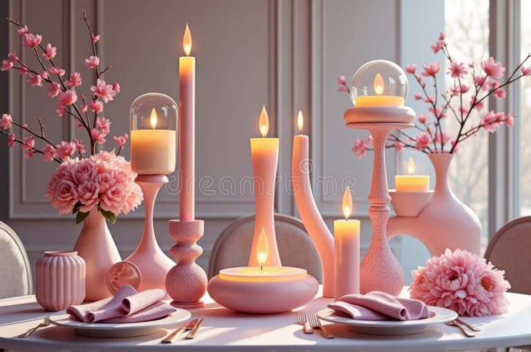 Elegant Pink Table Setting with Candles and Floral Decorations in Soft ...