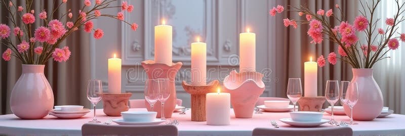Elegant Pink Table Setting with Candles and Flowers for a Romantic ...