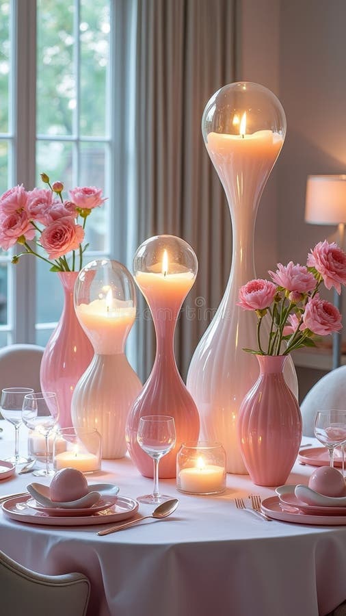 Elegant Pink Table Setting Candles Flowers Soft Ambient Light Stock ...