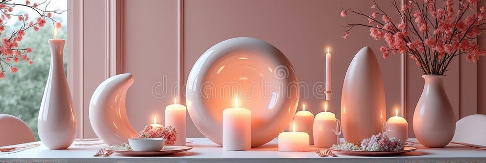 Elegant Pink Table Setting with Candles and Modern Ceramic Art Stock ...