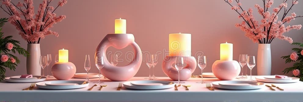 Elegant Pink Table Setting with Decorative Candles and Cherry Blossoms ...