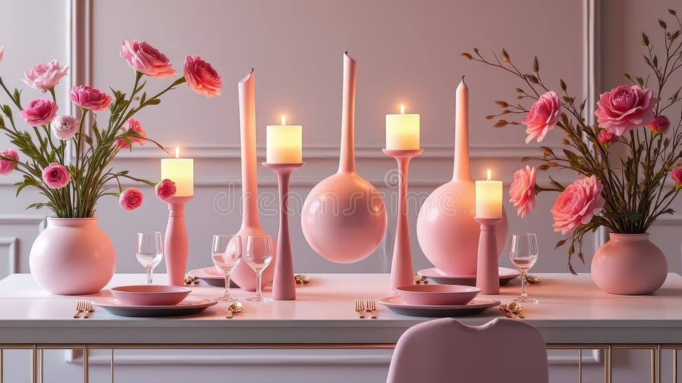 Elegant Pink Table Setting with Flowers and Candles for a Romantic ...