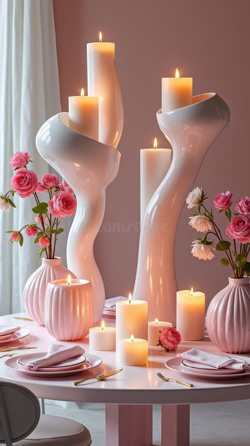 Elegant Pink Table Setting with Sculptural Candle Holders and Flowers ...