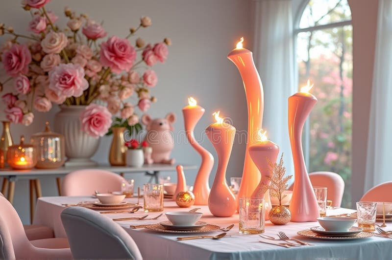 Elegant Pink-themed Dining Table with Unique Candles and Floral ...