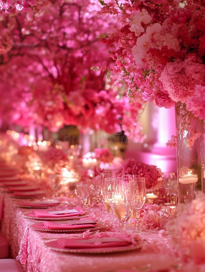 Elegant Pink-themed Wedding Reception Table Adorned with Flowers and ...