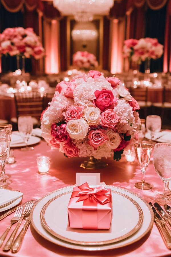 Elegant Pink Wedding Table Setting with Gift High Quality Image Stock ...