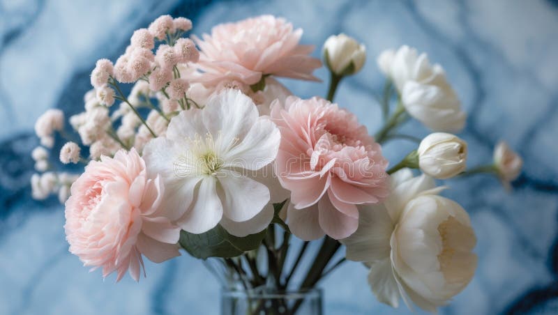 Elegant Pink and White Flowers on Blue Marble Background Stock Photo ...
