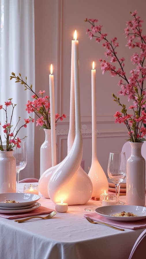 Elegant Pink and White Table Setting with Candlelight and Floral ...