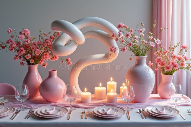 Elegant Pink and White Table Setting with Candles and Floral ...