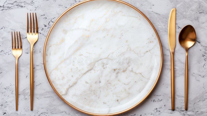 Elegant Place Setting with Marble Plate and Golden Cutlery Stock ...