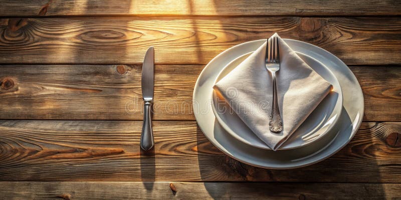 Elegant Place Setting on Rustic Wooden Table with Sunlight. Generative ...
