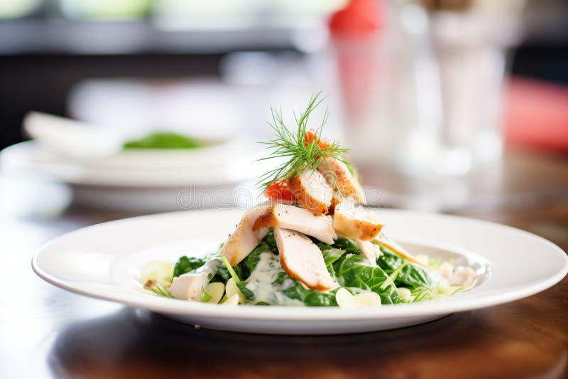 Elegant Plating of Chicken Caesar Salad with a Sprig of Rosemary Stock ...