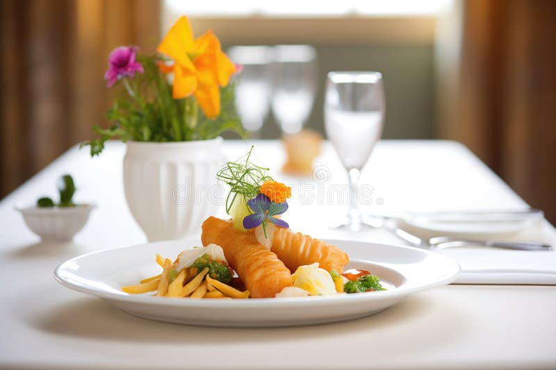 Elegant Plating of Fish and Chips with Garnish in a Fine Dining Setting ...