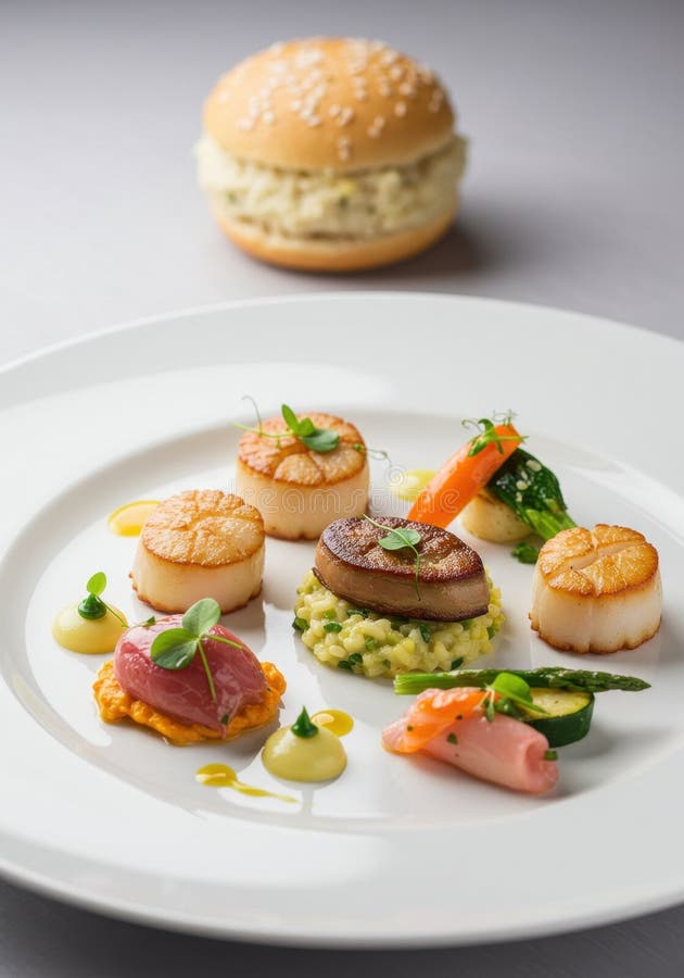 Elegant Plating of Seared Scallops Risotto and Vegetables Stock ...