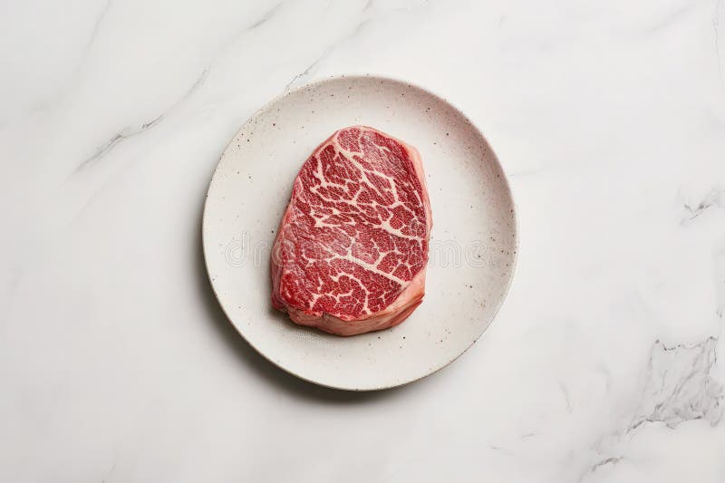 Elegant Plating of a Wagyu Beef Steak Against a Marbled White Backdrop ...