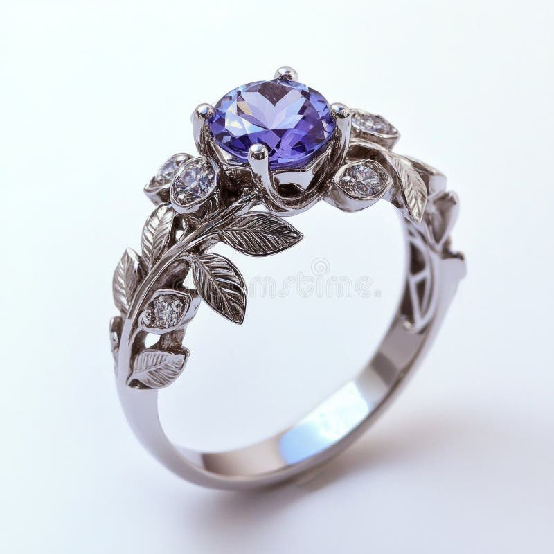 Elegant Platinum Engagement Ring with Sapphire and Diamond Leaf Design ...
