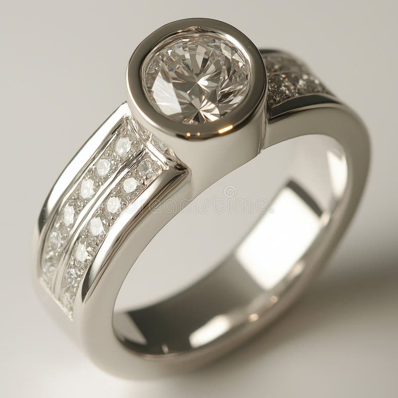 Elegant Platinum Ring with Central Bezel-set Diamond and Side Stones ...