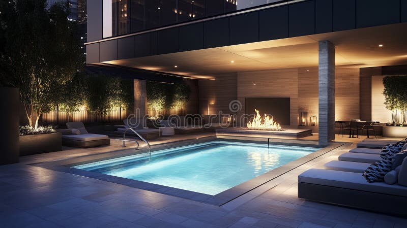 Elegant Pool Area with a Modern Fire Pit, Soft Accent Lighting, and ...