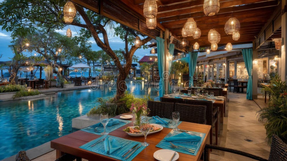 Elegant Poolside Dinner Setting at Night Stock Photo - Image of drinks ...