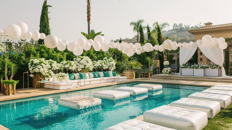 Elegant Poolside Party Setup with White Decor and Luxurious Seating ...