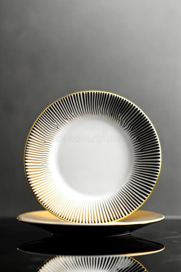 Elegant Porcelain Plate with Black and Gold Design on Reflective ...