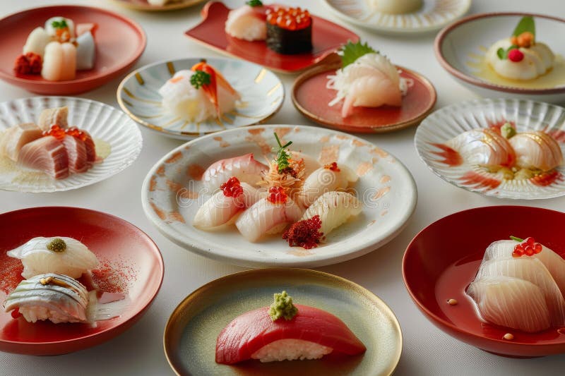 Elegant Presentation of Assorted Sushi on Small Plates, Ideal for a ...