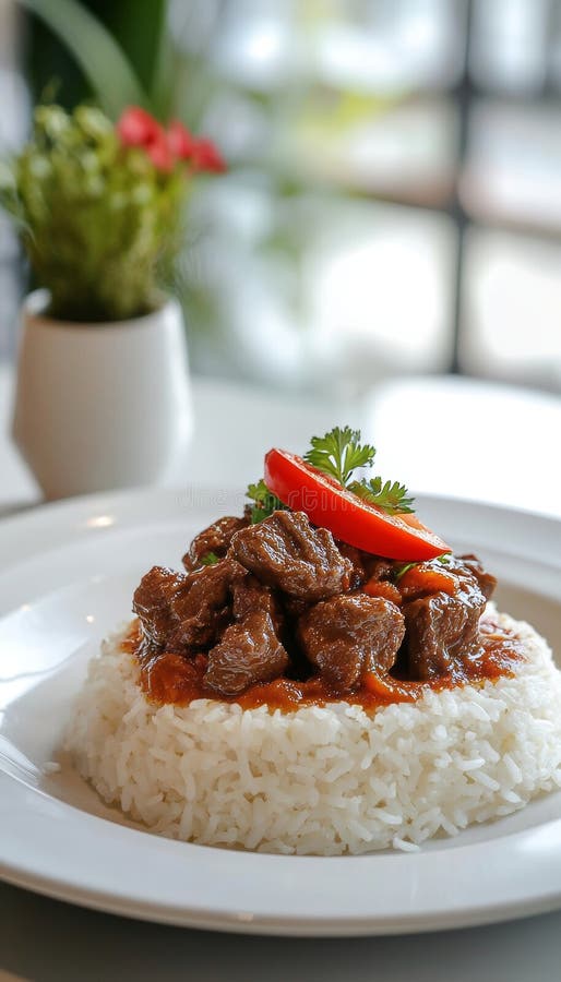 Elegant Presentation of Beef Rendang Sauce Over Plain Rice on a ...