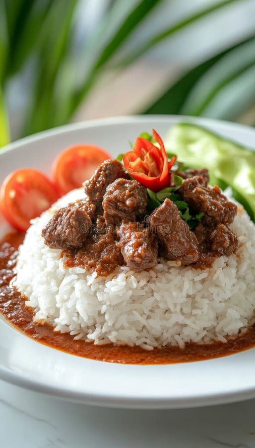 Elegant Presentation of Plain Rice with Beef Chunks and Rendang Sauce ...