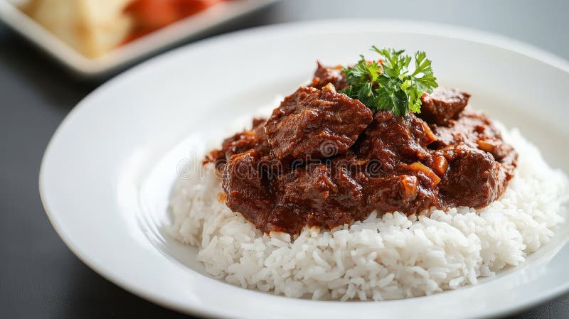 Elegant Presentation of Plain Rice with Tender Beef and Rich Rendang ...