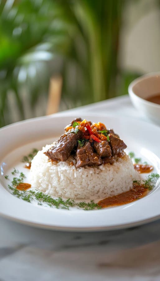 Elegant Presentation of Plain Rice Topped with Beef Chunks and Rendang ...
