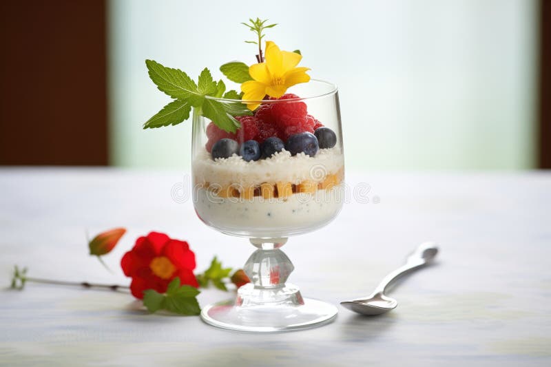 Elegant Presentation of Rice Pudding Drink in a Stem Glass, Berries on ...