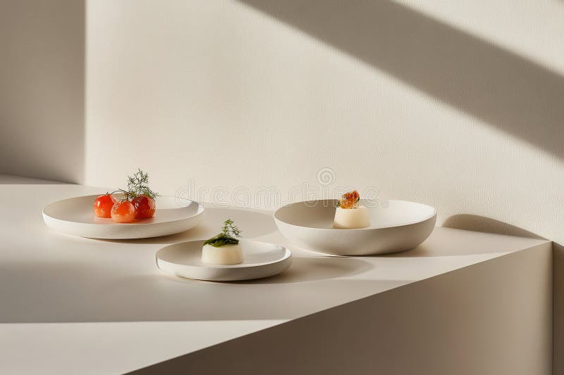 Elegant Presentation of Small Gourmet Dishes on Minimalist Plates Stock ...