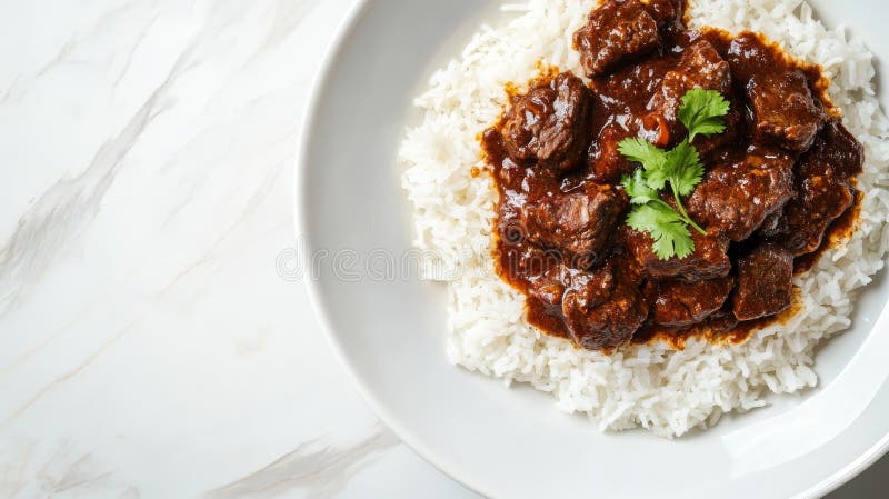 Elegant Presentation of White Plate with Plain Rice and Tender Beef ...