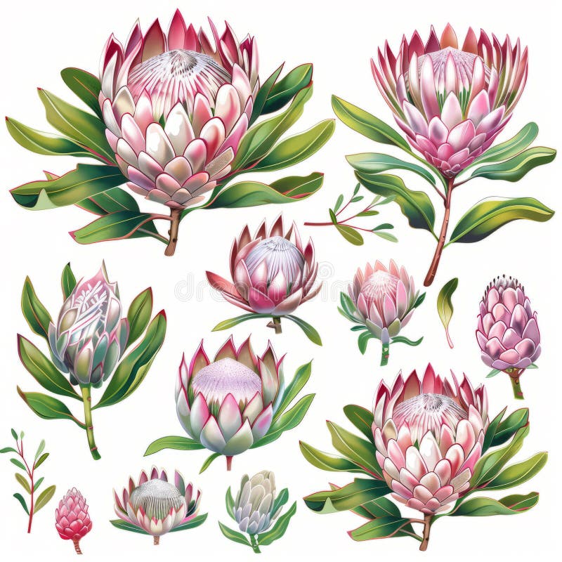 Elegant Protea Flower Set in Various Stages. Great for Backgrounds or ...