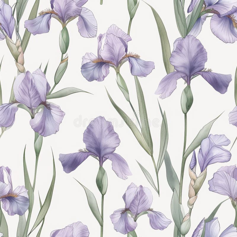 Elegant Purple Iris Flowers Seamless Pattern Design Stock Photo - Image ...
