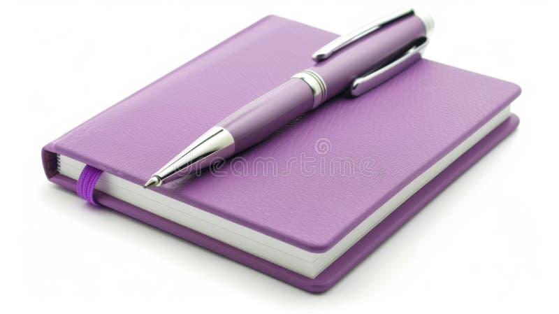 Elegant Purple Notebook with Silver Pen on White Background Stock ...