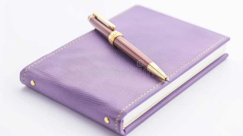 Elegant Purple Notebook with Silver Pen on White Background Stock ...