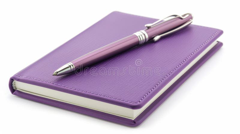 Elegant Purple Notebook with Silver Pen on White Background Stock ...
