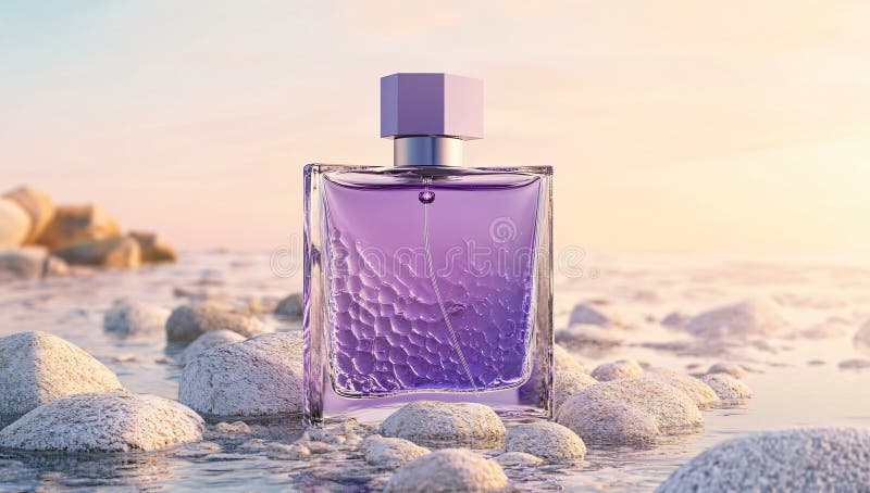Elegant Purple Perfume Bottle on Beach Rocks at High Quality Image ...