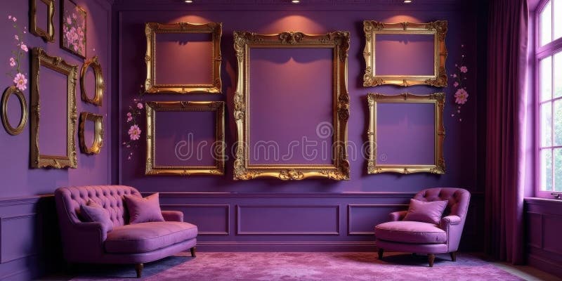 Elegant Purple Room with Ornate Gold Frames and Plush Seating ...