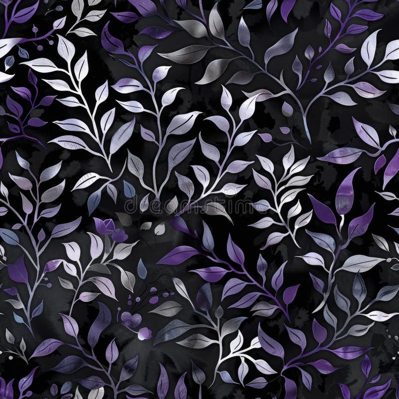 Elegant Purple and Silver Leaves Pattern on Black Background Stock ...