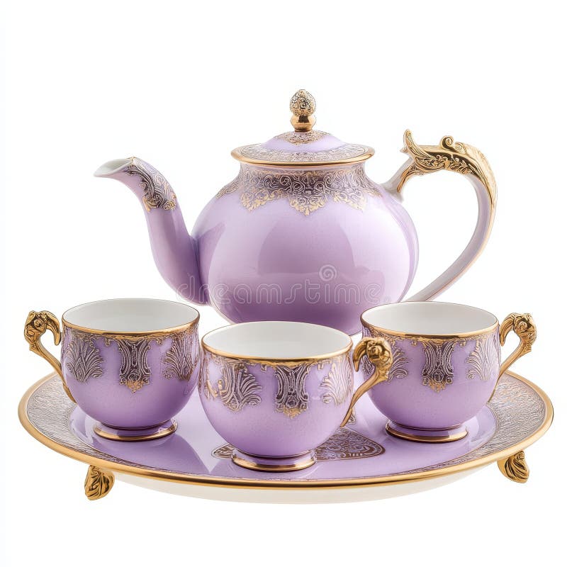Elegant Purple Tea Set with a Teapot, Cups, and a Serving Tray ...