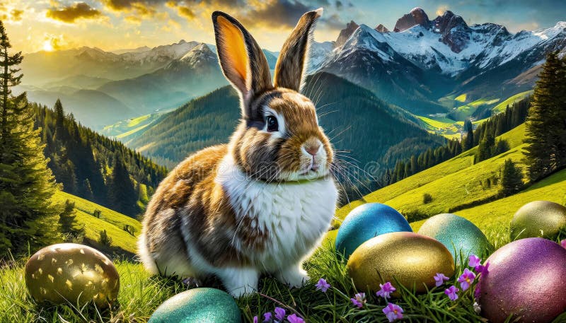 Elegant Rabbit among Sparkling Easter Eggs and Spring Flowers with ...