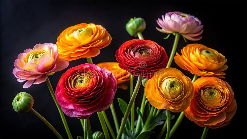 Elegant Ranunculus Flower on Black Background Stock Photo - Image of ...