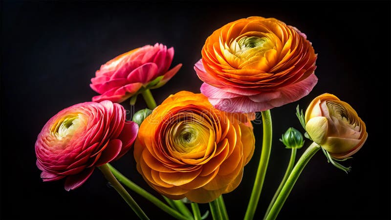 Elegant Ranunculus Flower on Black Background Stock Photo - Image of ...