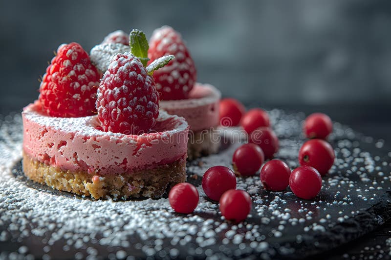 Elegant Raspberry Cheesecake with Fresh Berries and Powdered Sugar on a ...