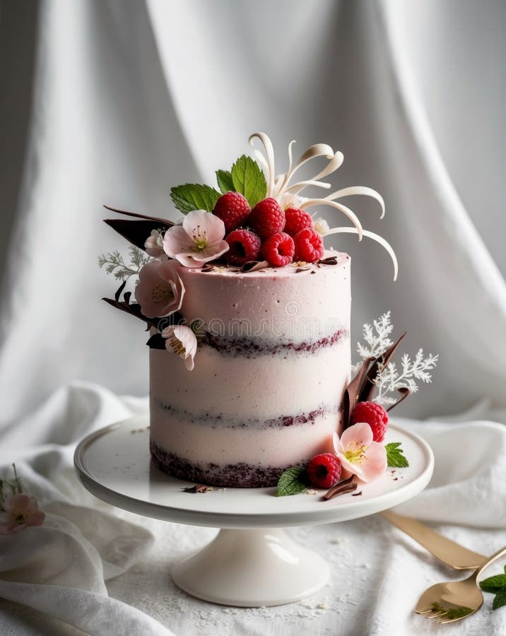Elegant Raspberry Cream Cake with Edible Flowers and Gourmet ...