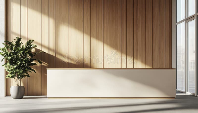 Elegant Reception Desk in Office Setting with Light Wooden Wall ...