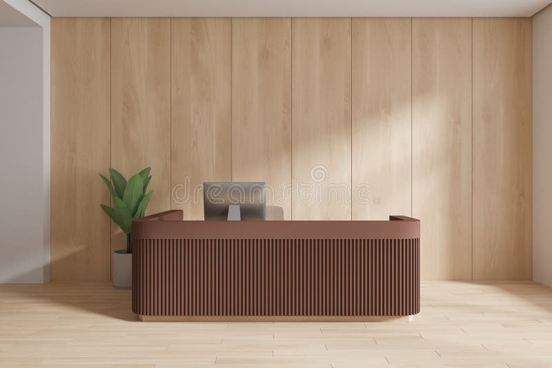 Elegant Reception Interior Brown Desk with Pc Computer and Decoration ...